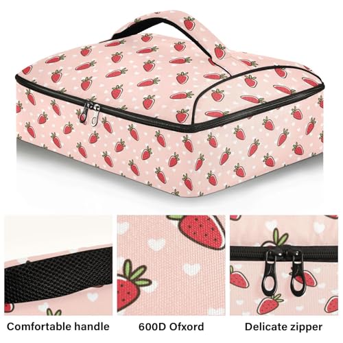 Kcldeci Insulated Thermal Food Carrier Insulated Casserole Carrier for Hot or Cold Food,Strawberry on A Pink Hearts Insulated Tote Bag for Potluck Cookouts Parties Picnic,Lasagna Lugger