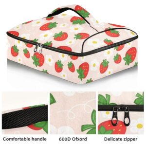 Kcldeci Insulated Thermal Food Carrier Insulated Casserole Carrier for Hot or Cold Food,Flowers and Strawberries on A Pink Insulated Tote Bag for Potluck Cookouts Parties Picnic,Lasagna Lugger