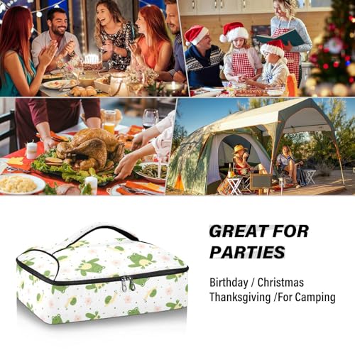 Kcldeci Insulated Thermal Food Carrier Insulated Casserole Carrier for Hot or Cold Food,Frogs with Pink Flowers Insulated Tote Bag for Potluck Cookouts Parties Picnic,Lasagna Lugger