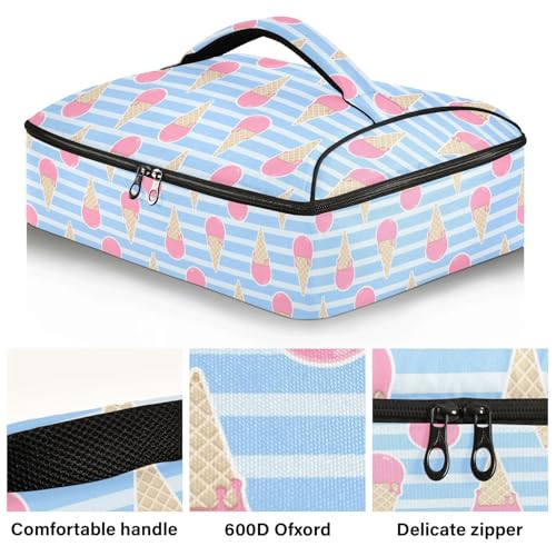 Kcldeci Insulated Thermal Food Carrier Insulated Casserole Carrier for Hot or Cold Food,Pink Ice Cream Blue Striped Insulated Tote Bag for Potluck Cookouts Parties Picnic,Lasagna Lugger