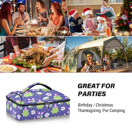 Kcldeci Insulated Thermal Food Carrier Insulated Casserole Carrier for Hot or Cold Food,Frogs with Flowers Bells Daisies Insulated Tote Bag for Potluck Cookouts Parties Picnic,Lasagna Lugger