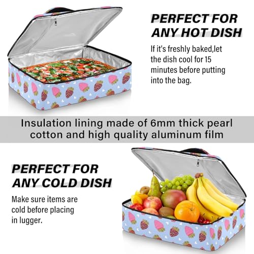 Kcldeci Insulated Thermal Food Carrier Insulated Casserole Carrier for Hot or Cold Food,Valentine's Day Hearts Strawberries Insulated Tote Bag for Potluck Cookouts Parties Picnic,Lasagna Lugger