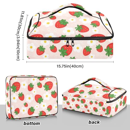 Kcldeci Insulated Thermal Food Carrier Insulated Casserole Carrier for Hot or Cold Food,Flowers and Strawberries on A Pink Insulated Tote Bag for Potluck Cookouts Parties Picnic,Lasagna Lugger