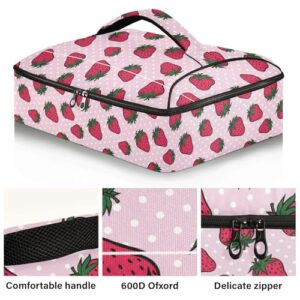 Kcldeci Insulated Thermal Food Carrier Insulated Casserole Carrier for Hot or Cold Food,Red Strawberries with Dot Polka Insulated Tote Bag for Potluck Cookouts Parties Picnic,Lasagna Lugger