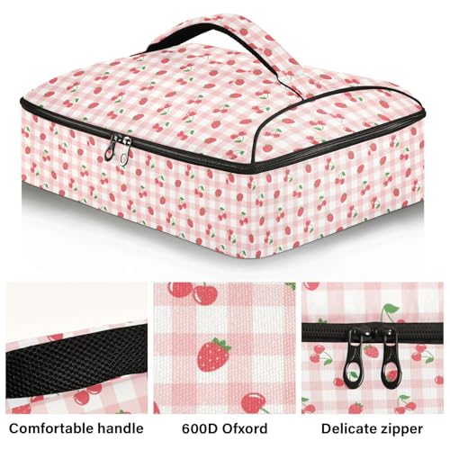 Kcldeci Insulated Thermal Food Carrier Insulated Casserole Carrier for Hot or Cold Food,Cherries and Strawberries Insulated Tote Bag for Potluck Cookouts Parties Picnic,Lasagna Lugger