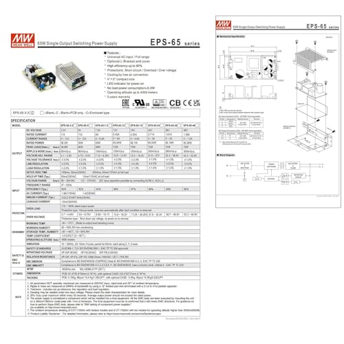 TorqCali EPS-65-36 65W Single Output Switching Power Supply 36V 1.81A, 89% Efficiency, Universal AC Input, Industrial Grade, for Automation Equipment, Test & Measurement, and Industrial Applications