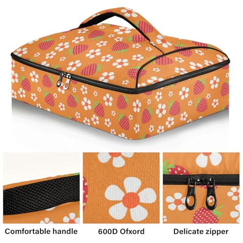 Kcldeci Insulated Thermal Food Carrier Insulated Casserole Carrier for Hot or Cold Food,Flowers and Strawberries on Orange Insulated Tote Bag for Potluck Cookouts Parties Picnic,Lasagna Lugger