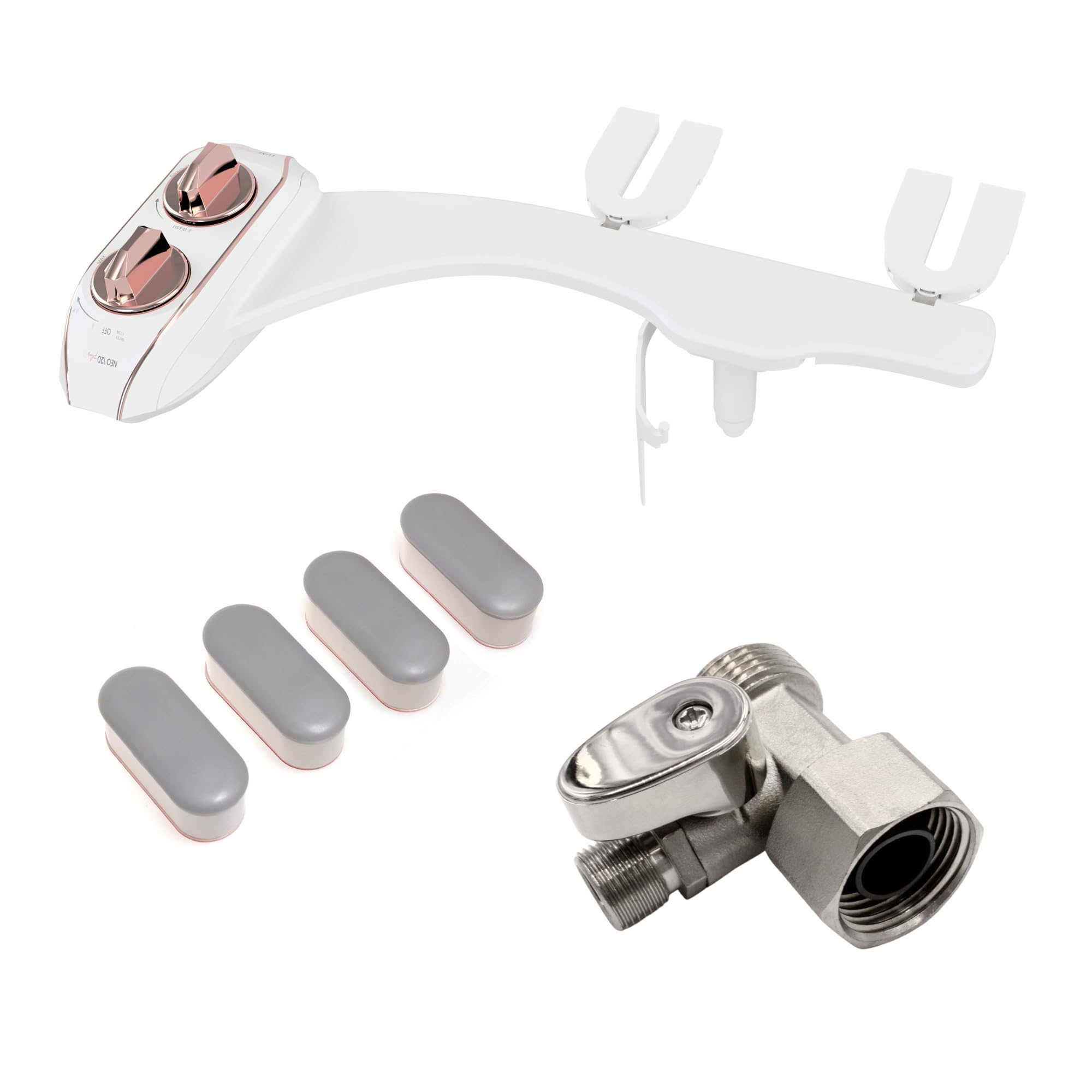 LUXE Bidet NEO 120 Plus Rose Gold, Toilet Seat Bumpers, and Shut-off T-Adapter Bundle