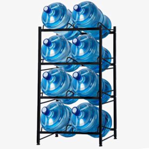 8-tray water jug rack, storage 5 gallon water cooler bottle holder stand, 4-tiers with 2-rows heavy duty carbon steel 5 gal water bottle organizer for home, office, kitchen, warehouse, black