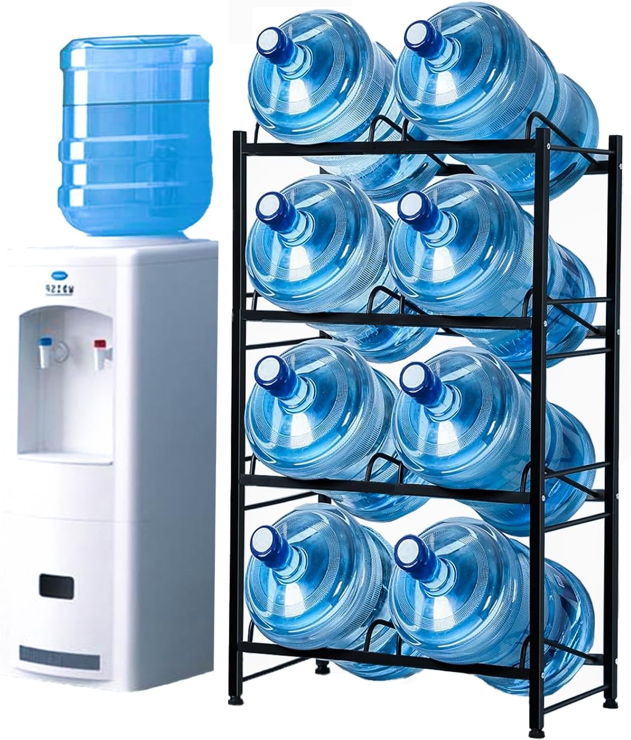 8-Tray Water Jug Rack, Storage 5 Gallon Water Cooler Bottle Holder Stand, 4-Tiers with 2-Rows Heavy Duty Carbon Steel 5 Gal Water Bottle Organizer for Home, Office, Kitchen, Warehouse, Black