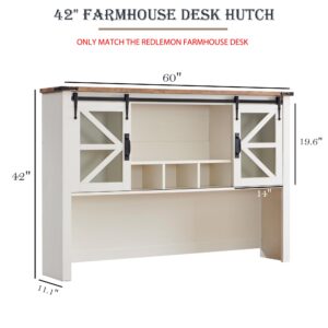 RedLemon 42" Farmhouse Desk Hutch with Sliding Barn Door and Ample Storage/Display Space, Only Match Farmhouse Desk (Antique White)