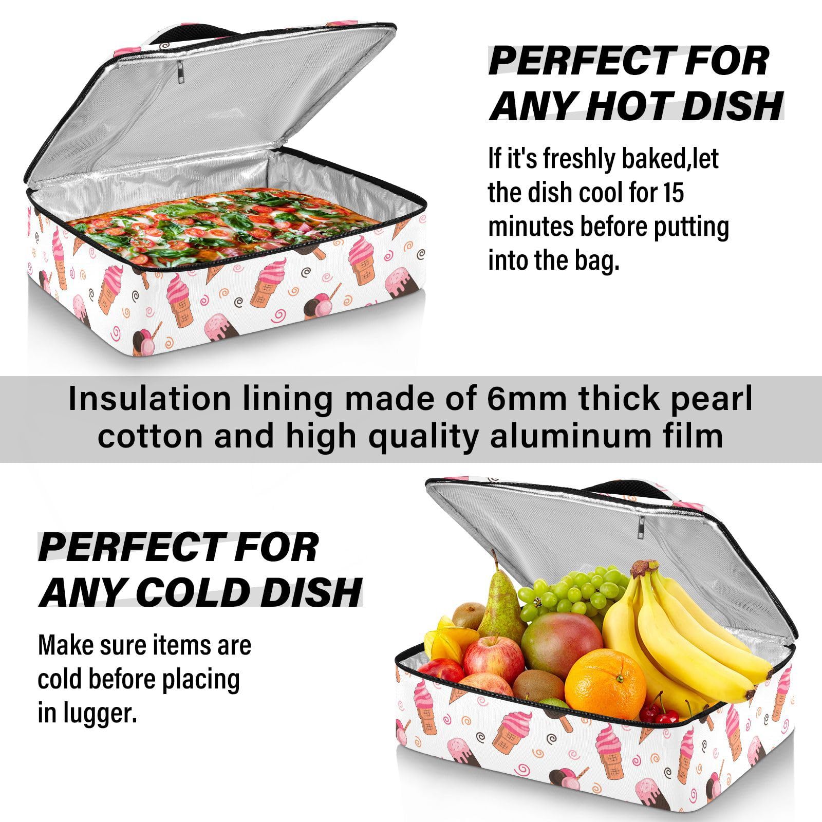 Kcldeci Insulated Thermal Food Carrier Insulated Casserole Carrier for Hot or Cold Food,Ice Cream Popsicle Insulated Tote Bag for Potluck Cookouts Parties Picnic,Lasagna Lugger