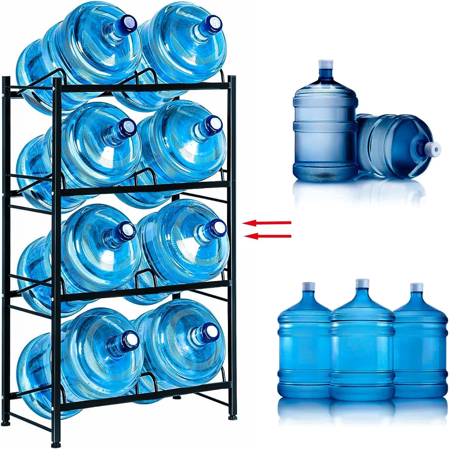 8-Tray Water Jug Rack, Storage 5 Gallon Water Cooler Bottle Holder Stand, 4-Tiers with 2-Rows Heavy Duty Carbon Steel 5 Gal Water Bottle Organizer for Home, Office, Kitchen, Warehouse, Black