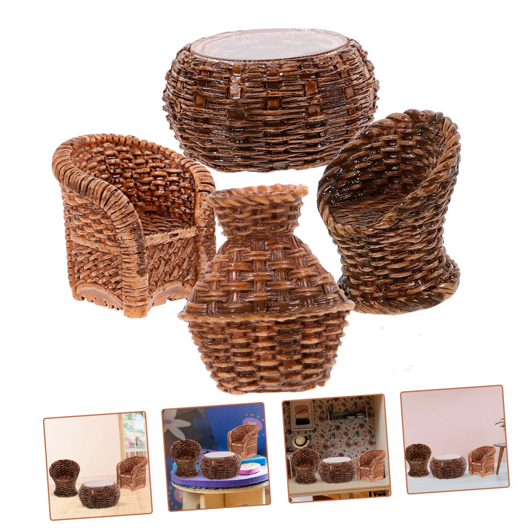 BESTonZON 1 Set Mini Garden Decor Mini Woven Chair Light Brown Doll House Supplies Doll House Resin