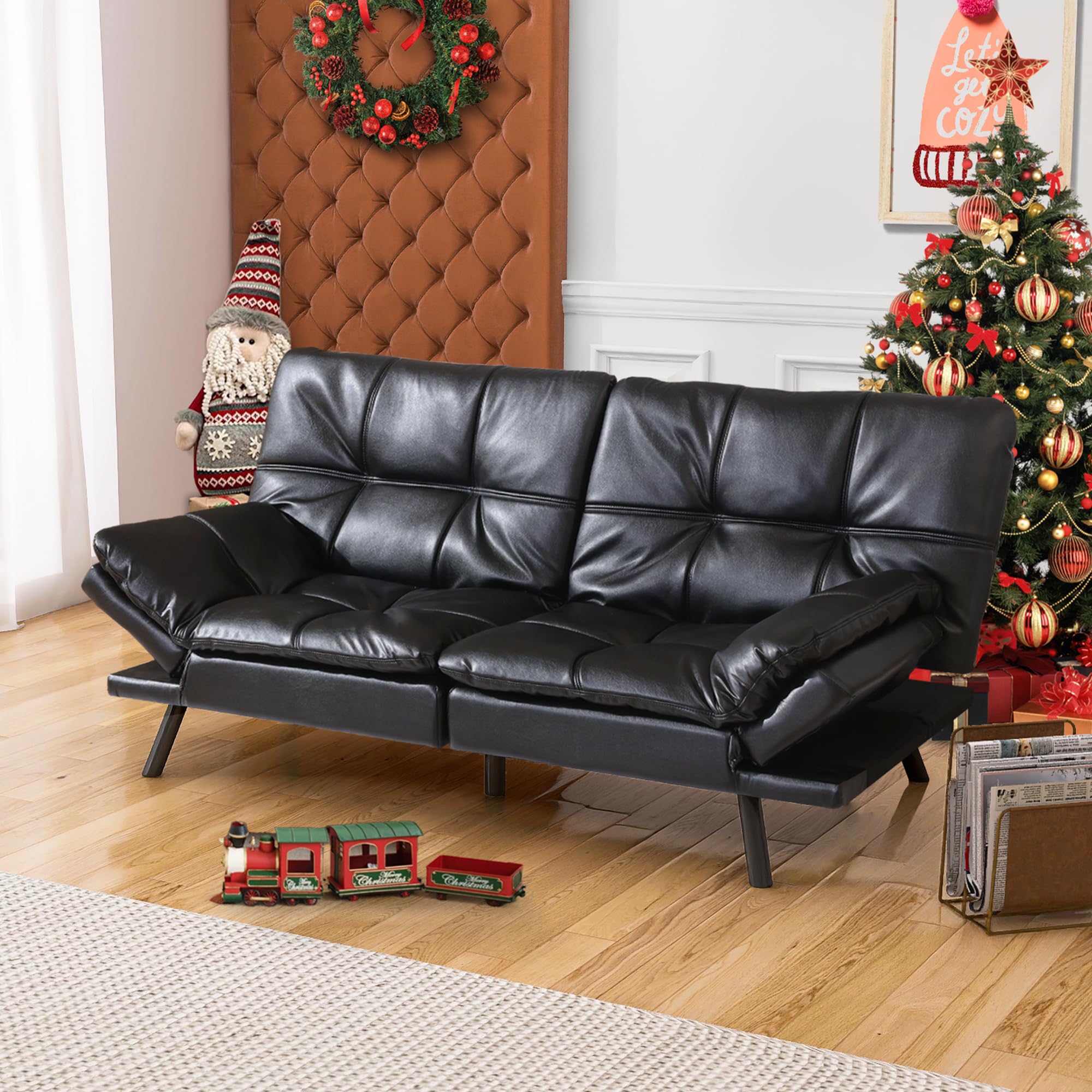 Cozysnooze Convertible Futon Sofa Bed Couch,Faux Leather Futon Sofa Couch,Memory Foam Futons,Small Splitback Modern Loveseat Sleeper Couch Bed for Living Room,Office,Apartment,Bright Black