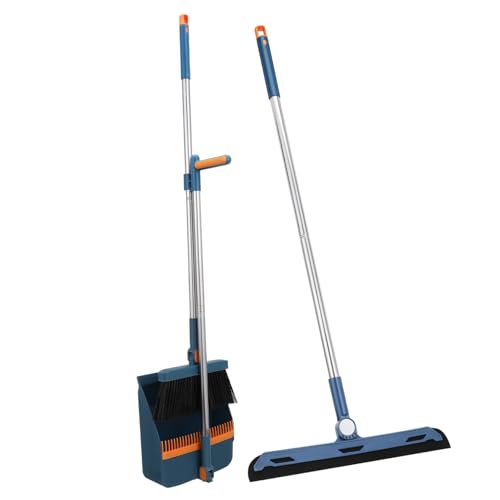 BUTIFULSIC 1 Set Folding Broom Set Dustpan Stand up Broom Cleaning Mop Push Broom Heavy Duty Floor Sweeper Broom with Dust Pan Angle Broom Foldable Broom Dust Pan Broom Blue Plastic