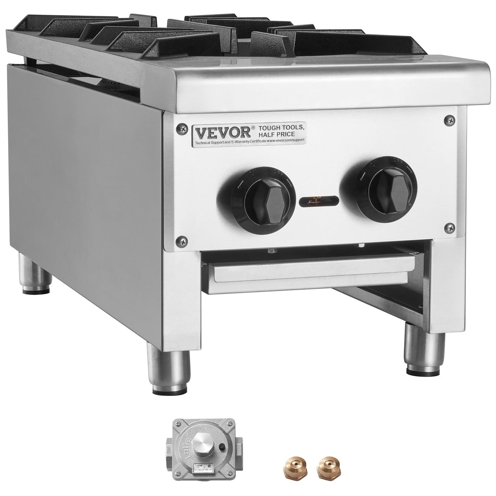 VEVOR Commercial Gas Stove with 2 Burners, Propane and Natural Gas Countertop Cooking Stove Range, Stainless Steel Gas Hot Plate, Commercial Cooking Equipment for Restaurant, 56,000 BTU