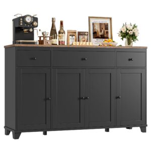 hifit 55" large kitchen buffet cabinet with storage drawers, farmhouse sideboard buffet table storage cabinet with doors and shelves, wood coffee bar cabinet for kitchen dining living room, black