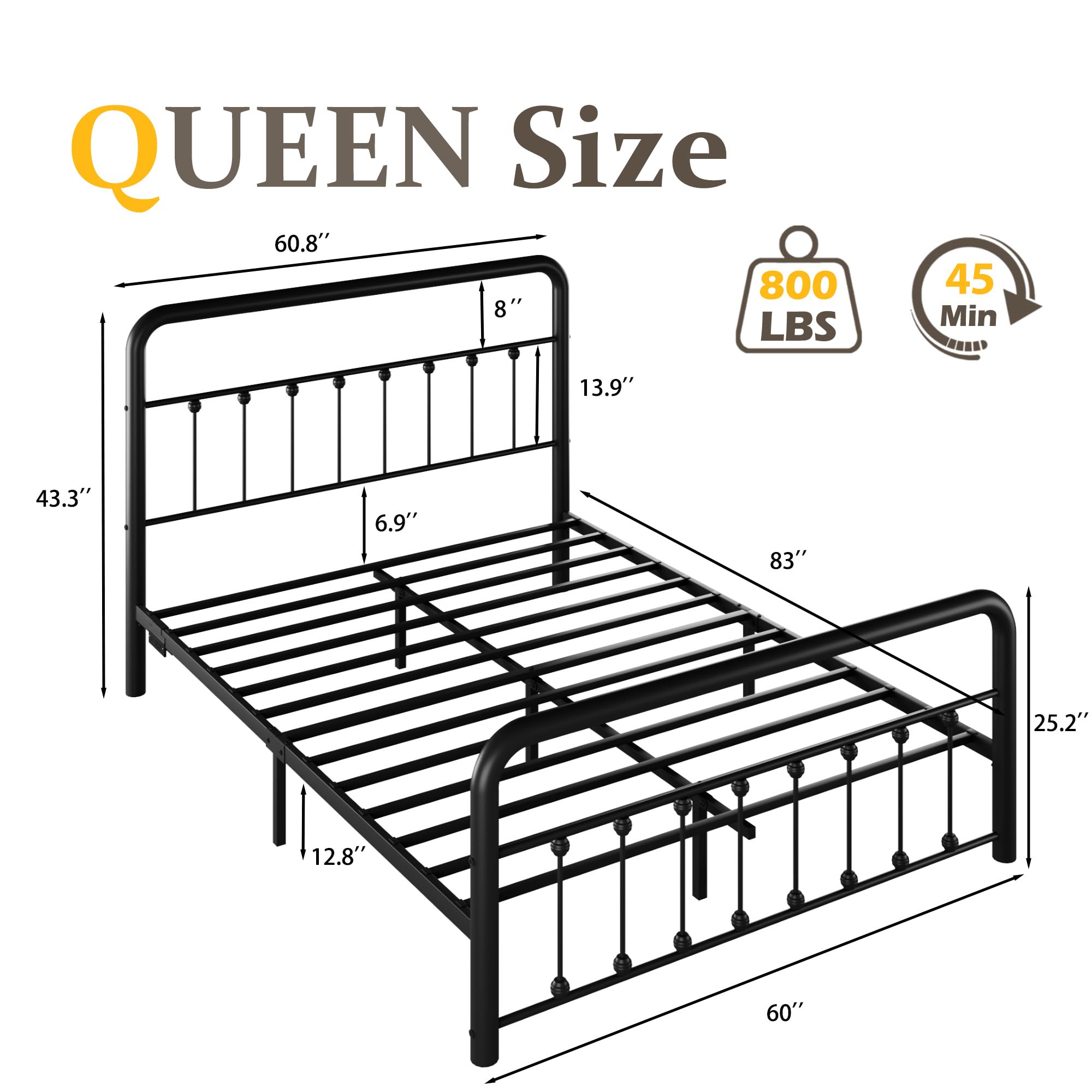 Fluest Queen Bed Frame with Headboard & Footboard, Bed Frame with Charging Station & LED, Metal Platform, Under Bed Storage, No Box Spring Needed, Noise Free, Easy Assembly, Black