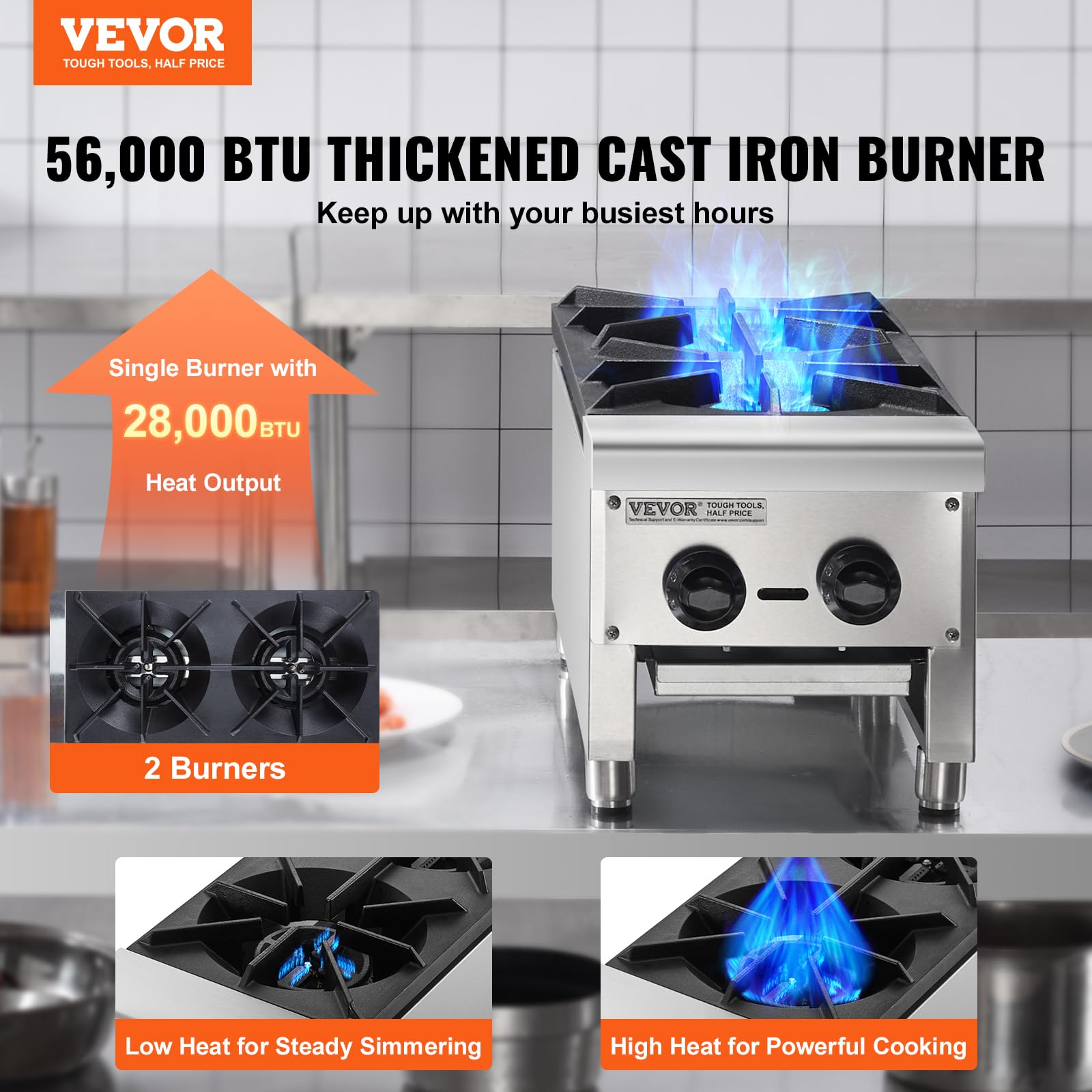 VEVOR Commercial Gas Stove with 2 Burners, Propane and Natural Gas Countertop Cooking Stove Range, Stainless Steel Gas Hot Plate, Commercial Cooking Equipment for Restaurant, 56,000 BTU