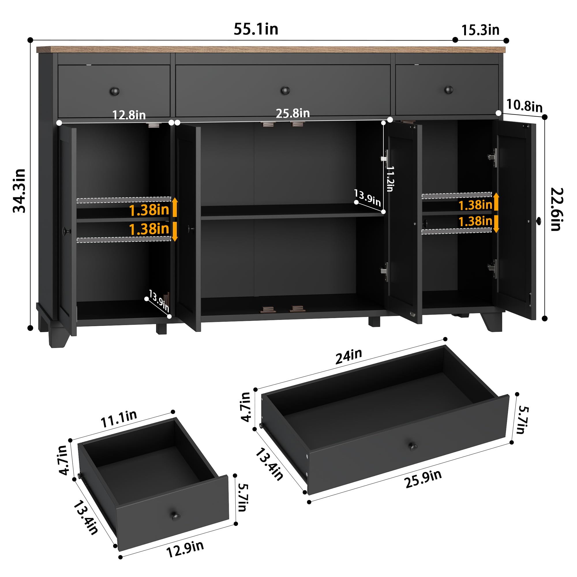 HIFIT 55" Large Kitchen Buffet Cabinet with Storage Drawers, Farmhouse Sideboard Buffet Table Storage Cabinet with Doors and Shelves, Wood Coffee Bar Cabinet for Kitchen Dining Living Room, Black