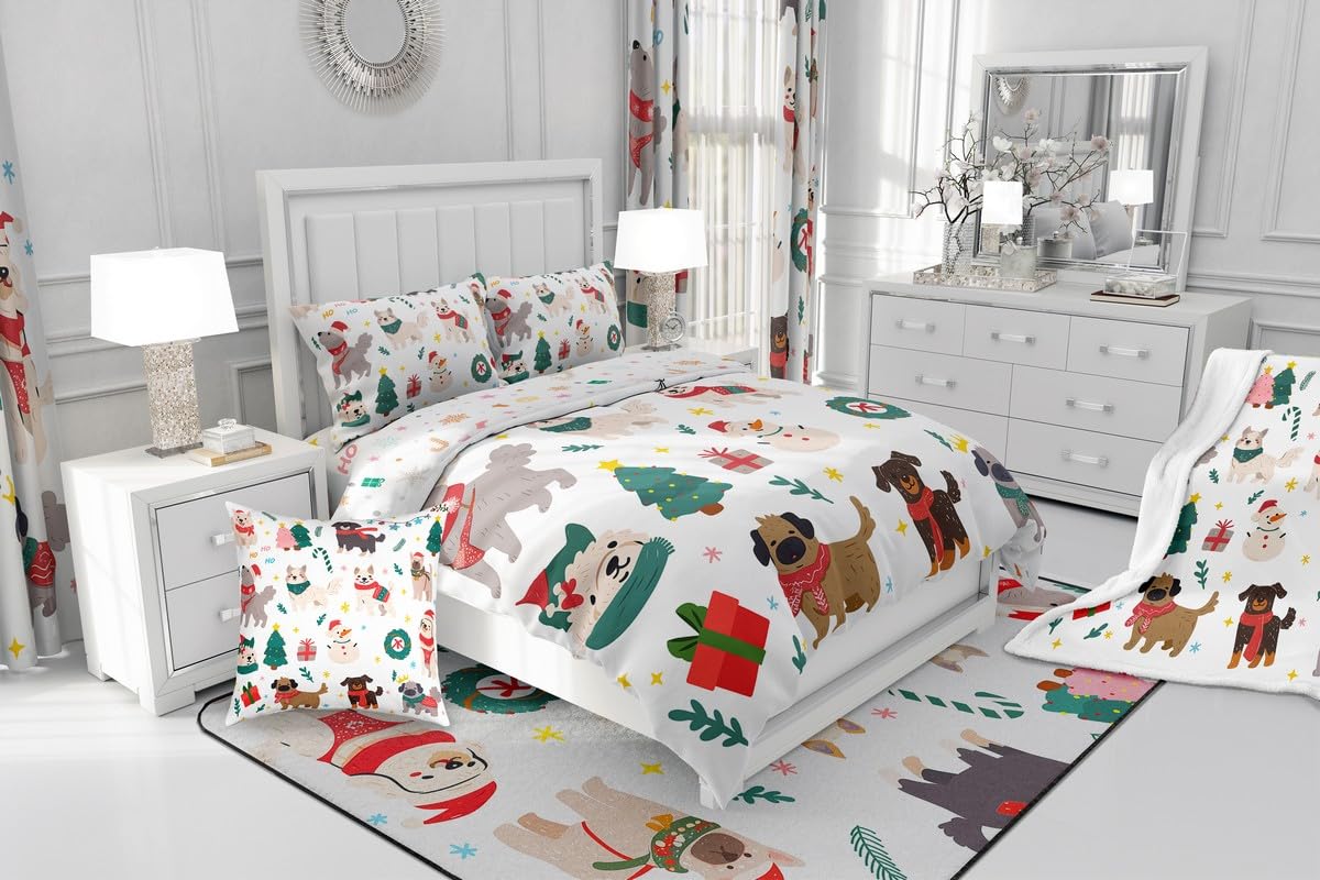 Erosebridal Merry Christmas Comforter Cover Twin Size Cartoon Dog Duvet Cover for Teens Kids Boys Room Decor Xmas Tree Snowman Bedding Set Cute Pug Puppy Animal Quilt Cover with 1 Pillow Case