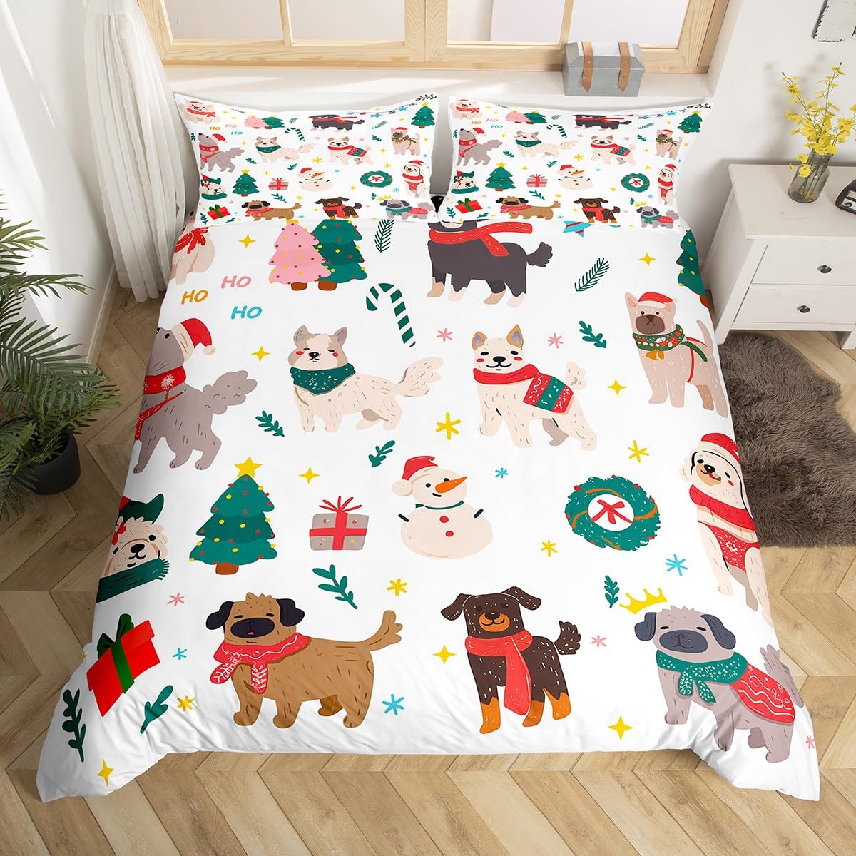 Erosebridal Merry Christmas Comforter Cover Twin Size Cartoon Dog Duvet Cover for Teens Kids Boys Room Decor Xmas Tree Snowman Bedding Set Cute Pug Puppy Animal Quilt Cover with 1 Pillow Case