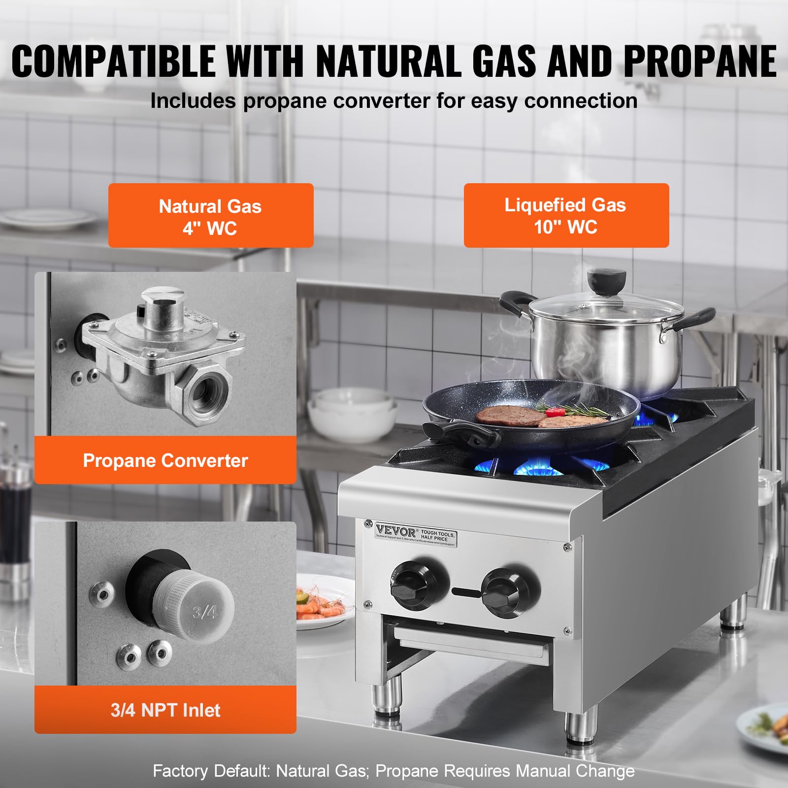 VEVOR Commercial Gas Stove with 2 Burners, Propane and Natural Gas Countertop Cooking Stove Range, Stainless Steel Gas Hot Plate, Commercial Cooking Equipment for Restaurant, 56,000 BTU