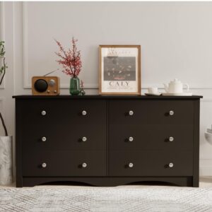 Furniwell 6 Drawer Dresser for Bedroom, Wood Dresser Wide Storage Organizer for Living Room Hallway Closets (Black)