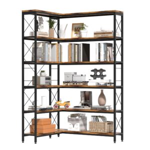 oneinmil 6-tier corner bookcase, vintage industrial corner bookshelf etagere bookcase, corner shelf storage rack with carbon steel for living room, office, home, brown