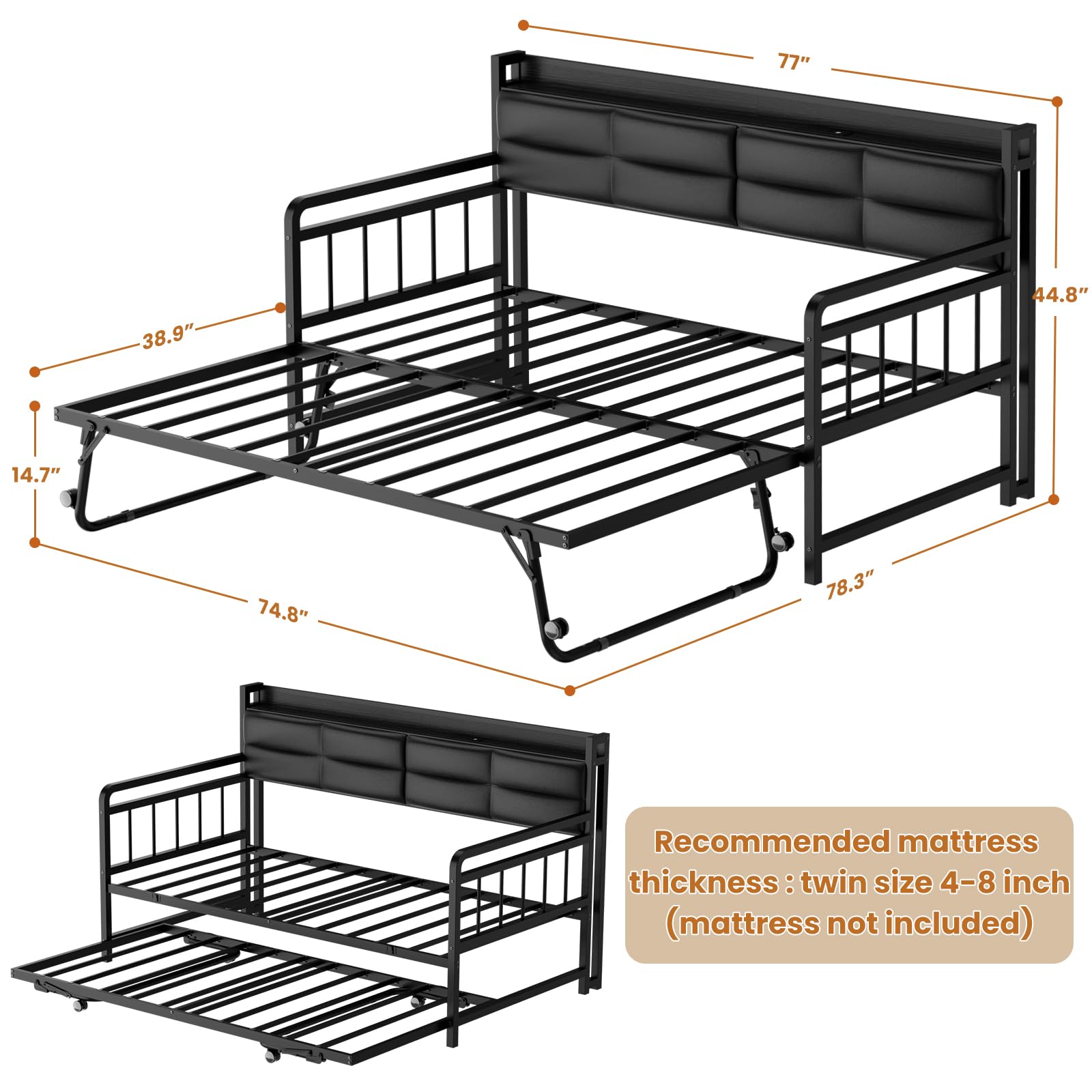 Homieasy Daybed with Upholstered Headboard and Charging Station, Twin Day Bed with Trundle, Sturdy Metal Pop-up Trundle Bed for Living Room, Bedroom and Guest Room, Black