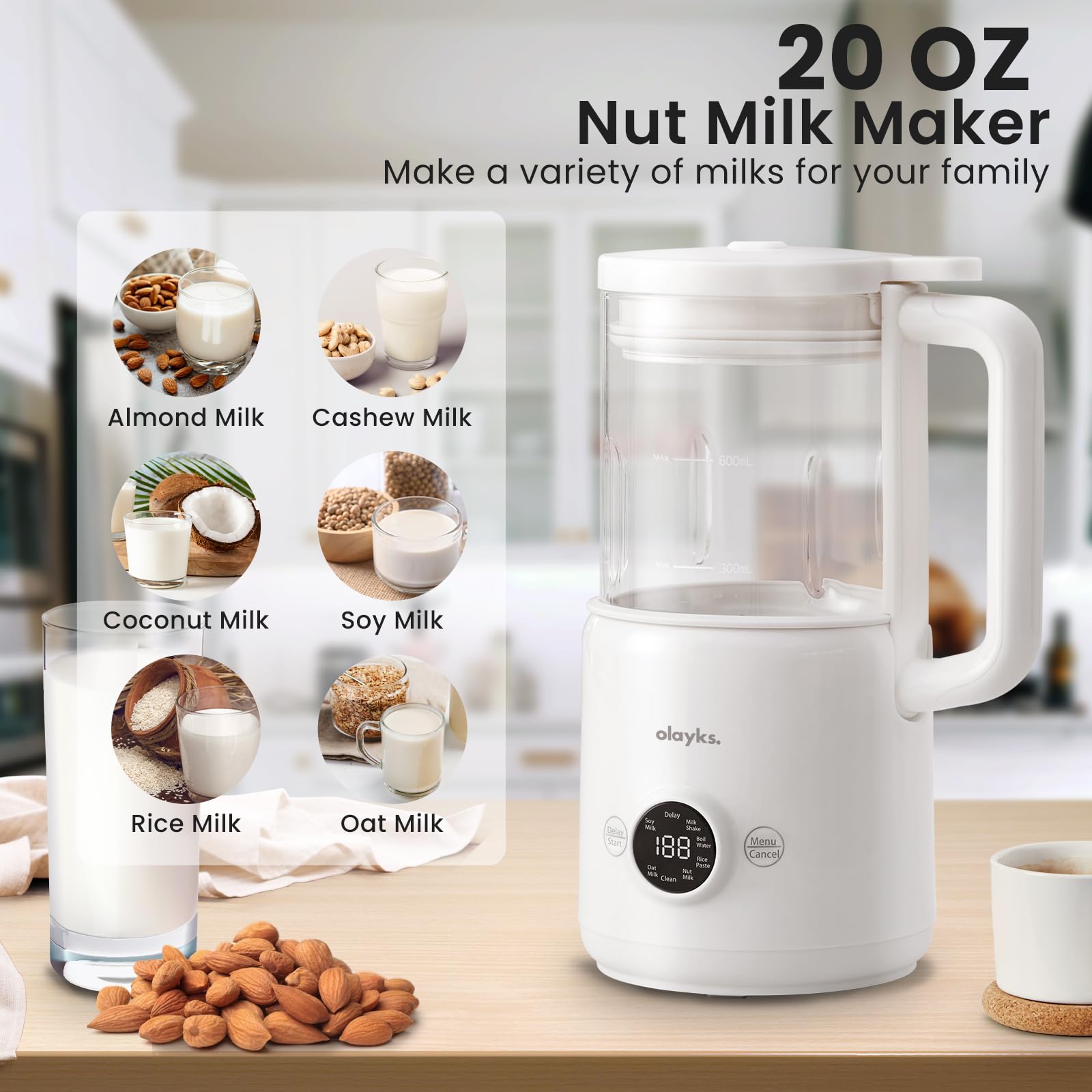 Automatic Nut Milk Maker, 20 Oz Soy Milk Maker Machine for Homemade Almond/Oat/Soy, Plant-Based Milk and Dairy Beverages, 12 Blades Almond Milk Maker with Delay Start/Boil/Self-cleaning, White