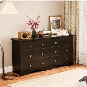 Furniwell 6 Drawer Dresser for Bedroom, Wood Dresser Wide Storage Organizer for Living Room Hallway Closets (Black)