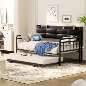 Homieasy Daybed with Upholstered Headboard and Charging Station, Twin Day Bed with Trundle, Sturdy Metal Pop-up Trundle Bed for Living Room, Bedroom and Guest Room, Black