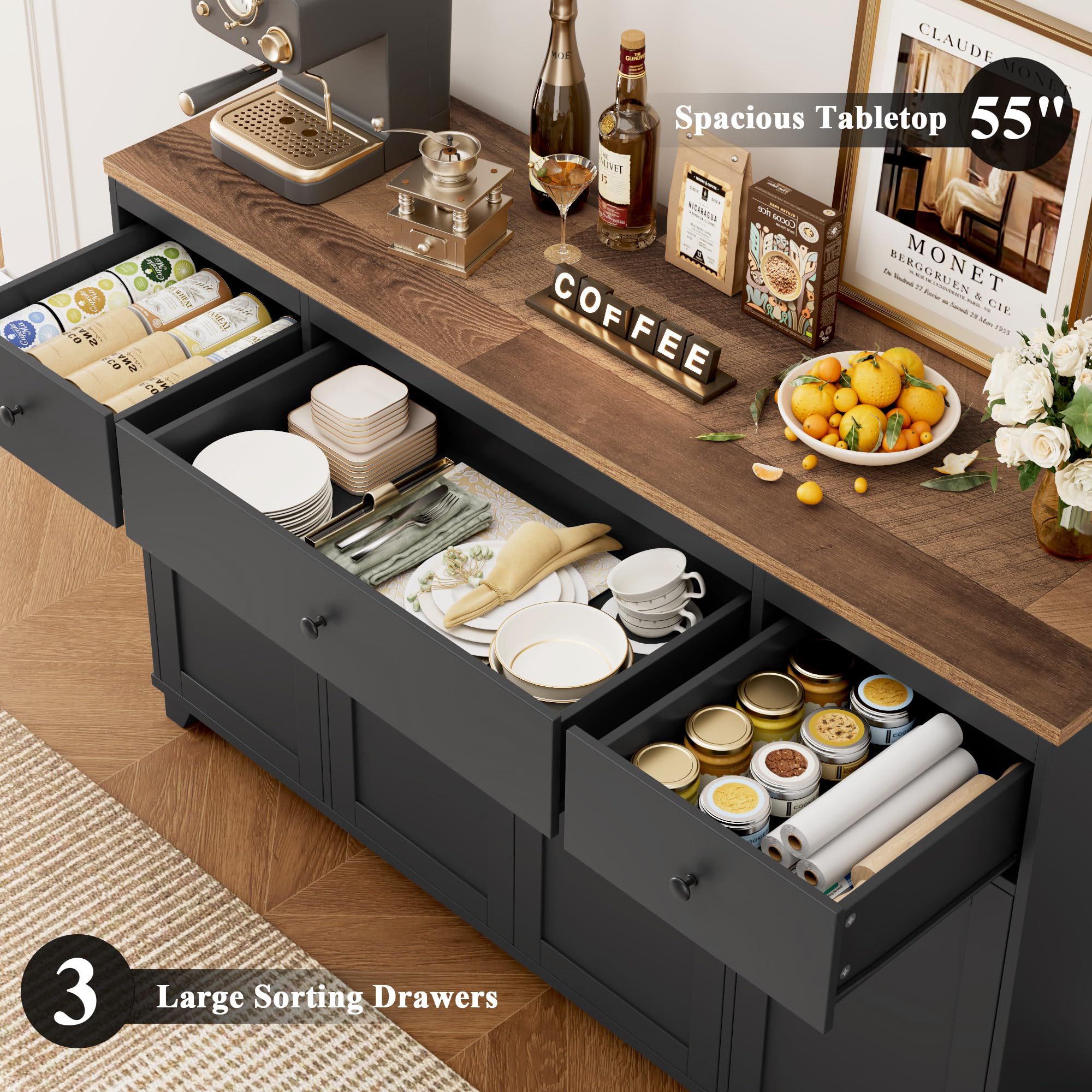 HIFIT 55" Large Kitchen Buffet Cabinet with Storage Drawers, Farmhouse Sideboard Buffet Table Storage Cabinet with Doors and Shelves, Wood Coffee Bar Cabinet for Kitchen Dining Living Room, Black