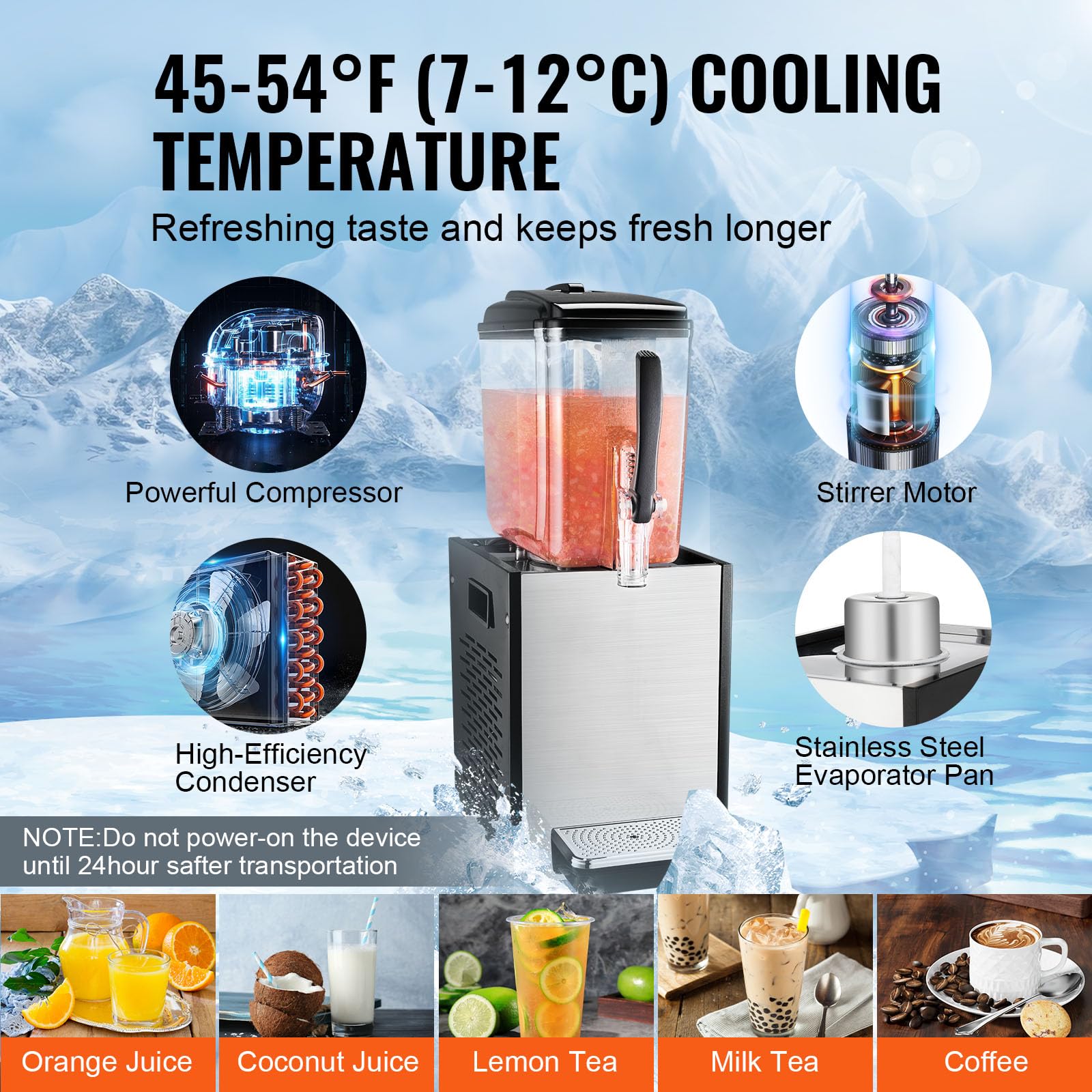 VEVOR Commercial Beverage Dispenser, 12 L / 12.7 QT Juice Dispenser, 246W 304 Stainless Steel Food Grade Ice Tea Drink Machine with 45°F-54°F Cooling Temperature, for Cold Drink Restaurant Bar Party