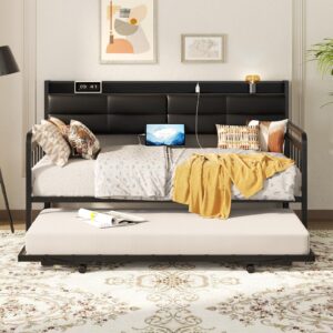 Homieasy Daybed with Upholstered Headboard and Charging Station, Twin Day Bed with Trundle, Sturdy Metal Pop-up Trundle Bed for Living Room, Bedroom and Guest Room, Black