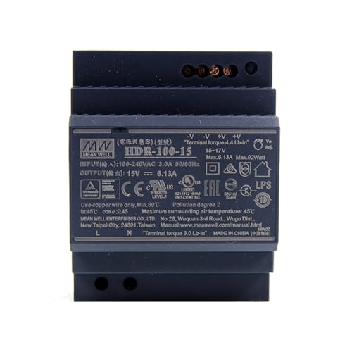 TorqCali HDR-100-15 85W Slim DIN Rail Power Supply 15V 6.13A Universal Input for Industrial Automation, Building Automation, and Home Automation