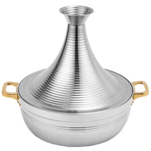 hgjgwqh 304 stainless steel moroccan tagine pot, non stick slow cooker seafood tajine with gold handles, large moroccan cooker handmade cooking pot with cone-shaped lid,silver,8.7″