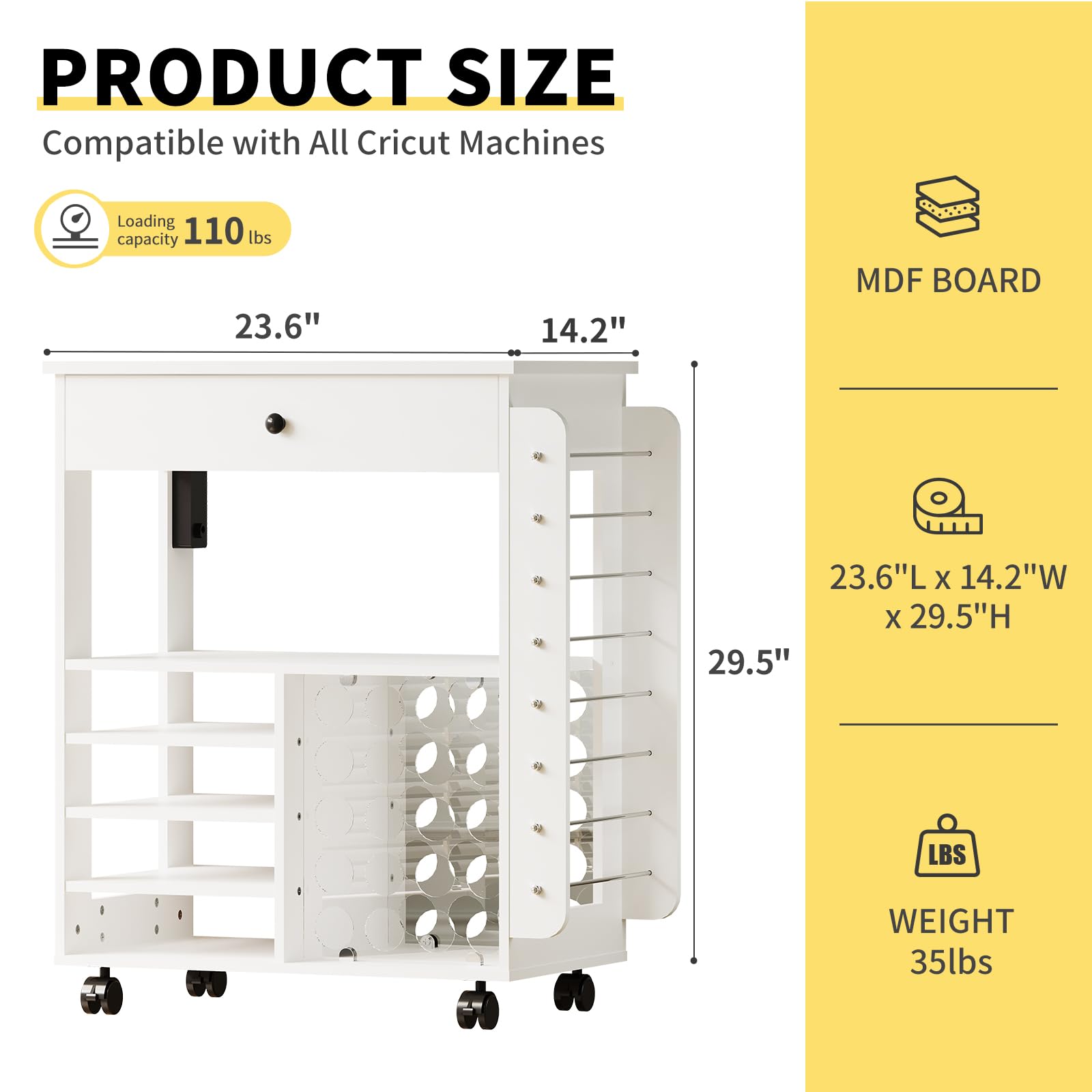 Pipleo Rolling Craft Cart for Cricut Machines, Craft Organizer and Storage Table with Vinyl Roll Holder, Built-in Outlet and Drawer, Crafting Cabinet Workstation Tools Holder for Craft Room