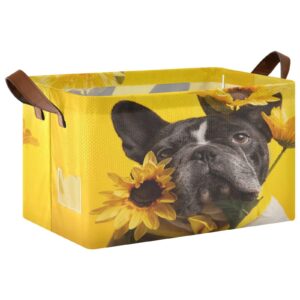 digtia french bulldog sunflowers storage bins yellow summer collapsible storage basket with handles storage box organizer for clothes shelves closet cabinet home office, 1pc