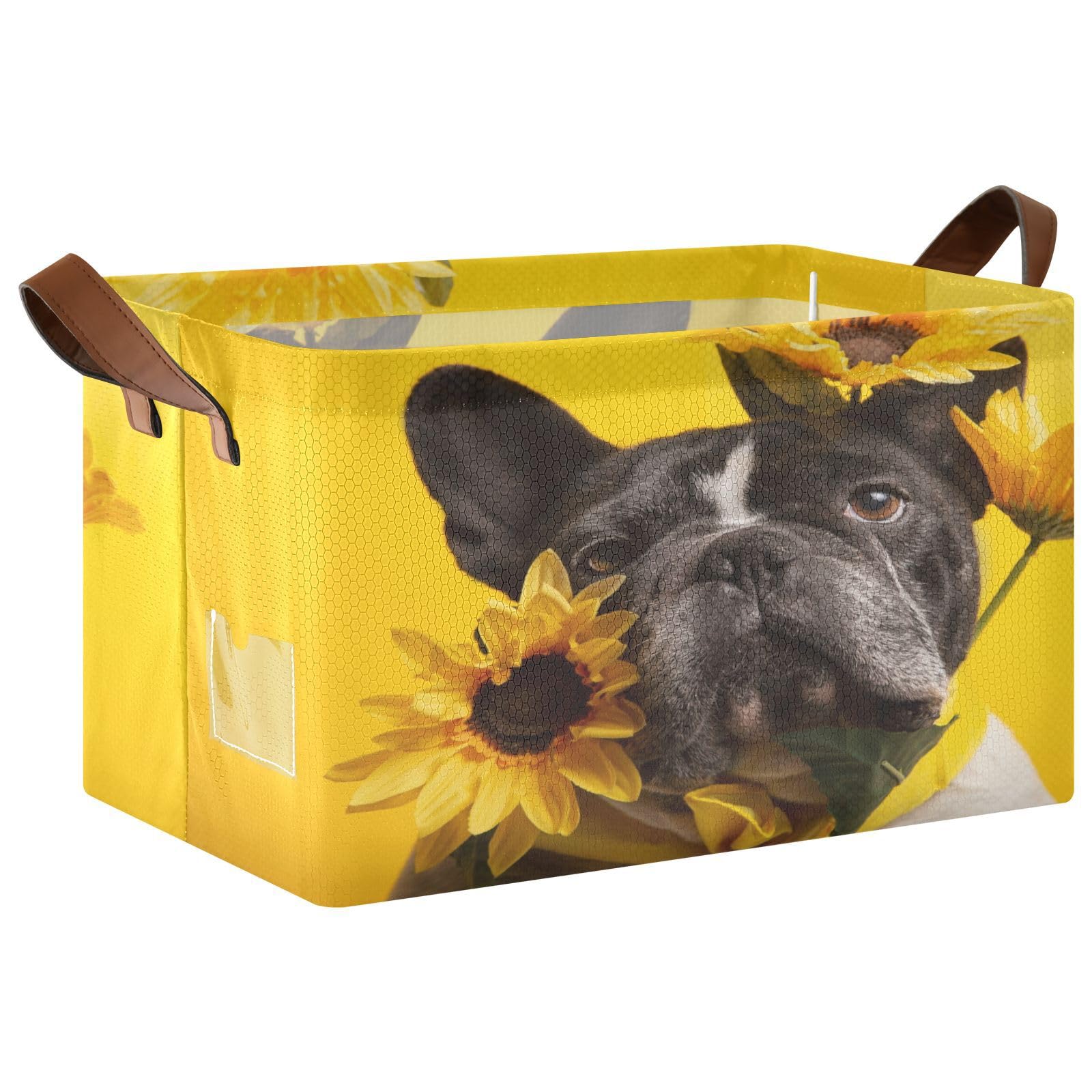 DIGTIA French Bulldog Sunflowers Storage Bins Yellow Summer Collapsible Storage Basket with Handles Storage Box Organizer for Clothes Shelves Closet Cabinet Home Office, 1PC