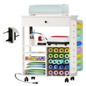 pipleo rolling craft cart for cricut machines, craft organizer and storage table with vinyl roll holder, built-in outlet and drawer, crafting cabinet workstation tools holder for craft room