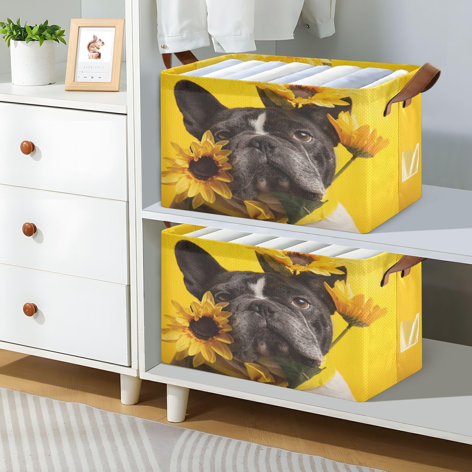 DIGTIA French Bulldog Sunflowers Storage Bins Yellow Summer Collapsible Storage Basket with Handles Storage Box Organizer for Clothes Shelves Closet Cabinet Home Office, 1PC