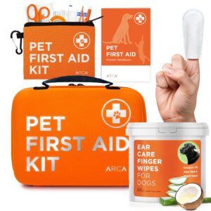 arca pet care bundle - first aid kit and ear cleaner wipes for dogs, essential health and hygiene set