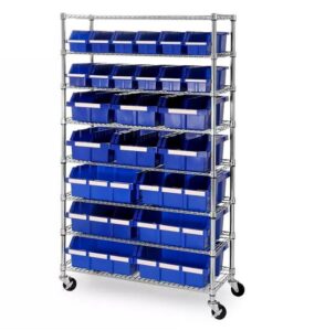 heavy-duty steel wire shelving storage unit, 24-bin rack with wheels (blue)