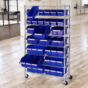 Heavy-Duty Steel Wire Shelving Storage Unit, 24-bin Rack with Wheels (Blue)