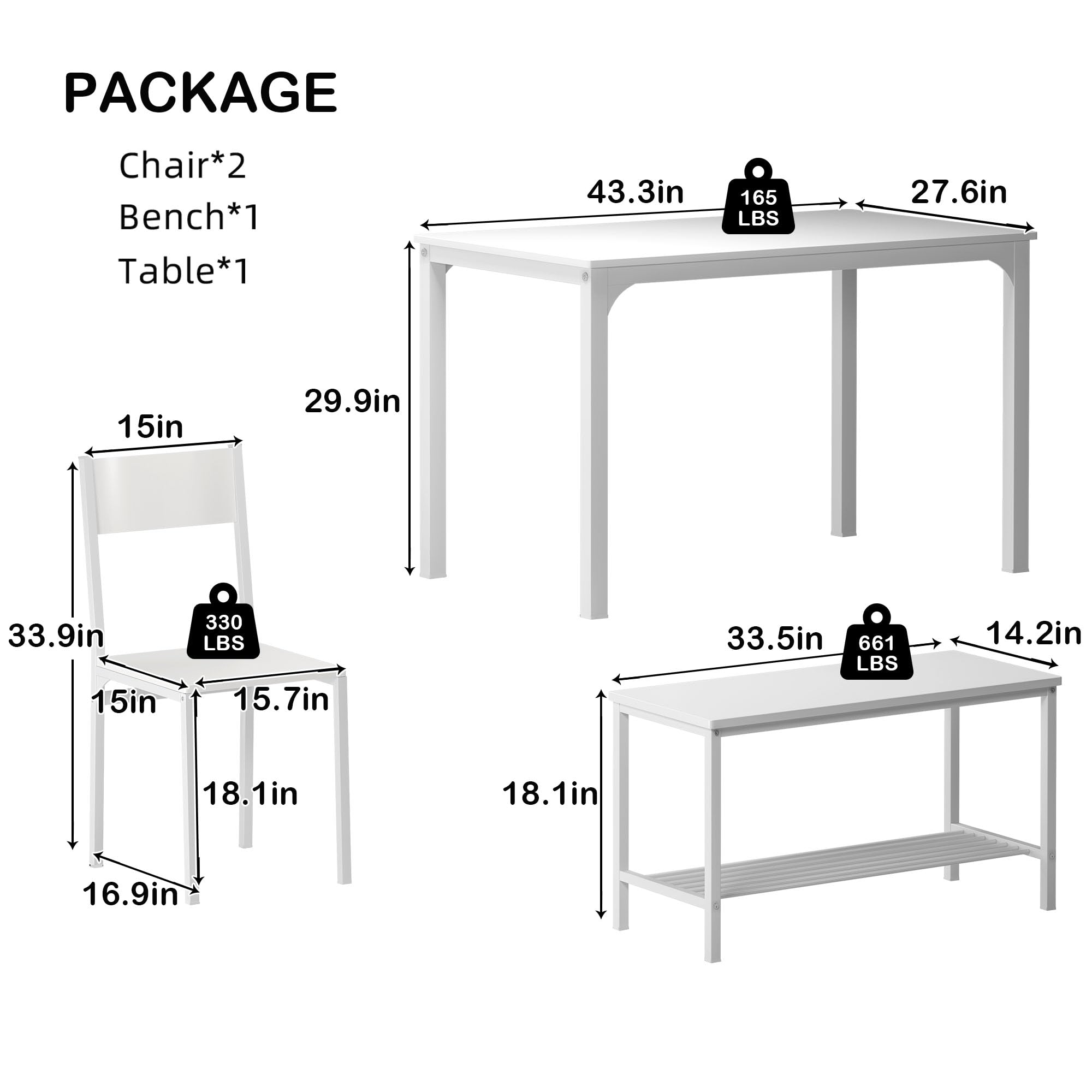 sogesfurniture 4-Piece Bench Style Dining Table Set, 4-Person Space-Saving Dinette for Kitchen，43'' Wood Kitchen Table & Chair Set for Breakfast Nook and Small Space, White