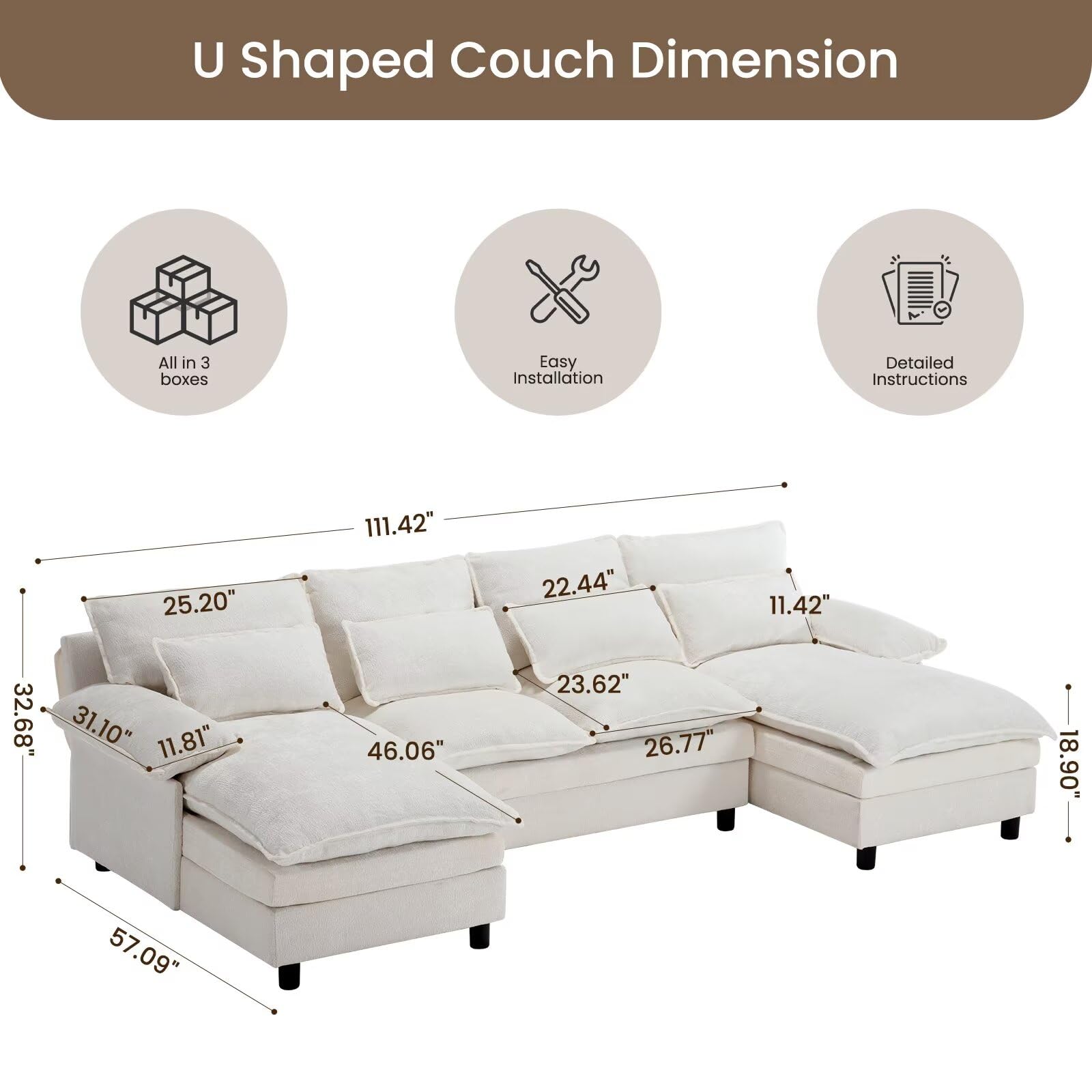 Siiejia U Shape Cloud Couch, 4 Seats Comfy Sectional Sofa Couches for Living Room, Modular Chenille Sofas with Double Reversible Chaise for Spacious Space, Cream