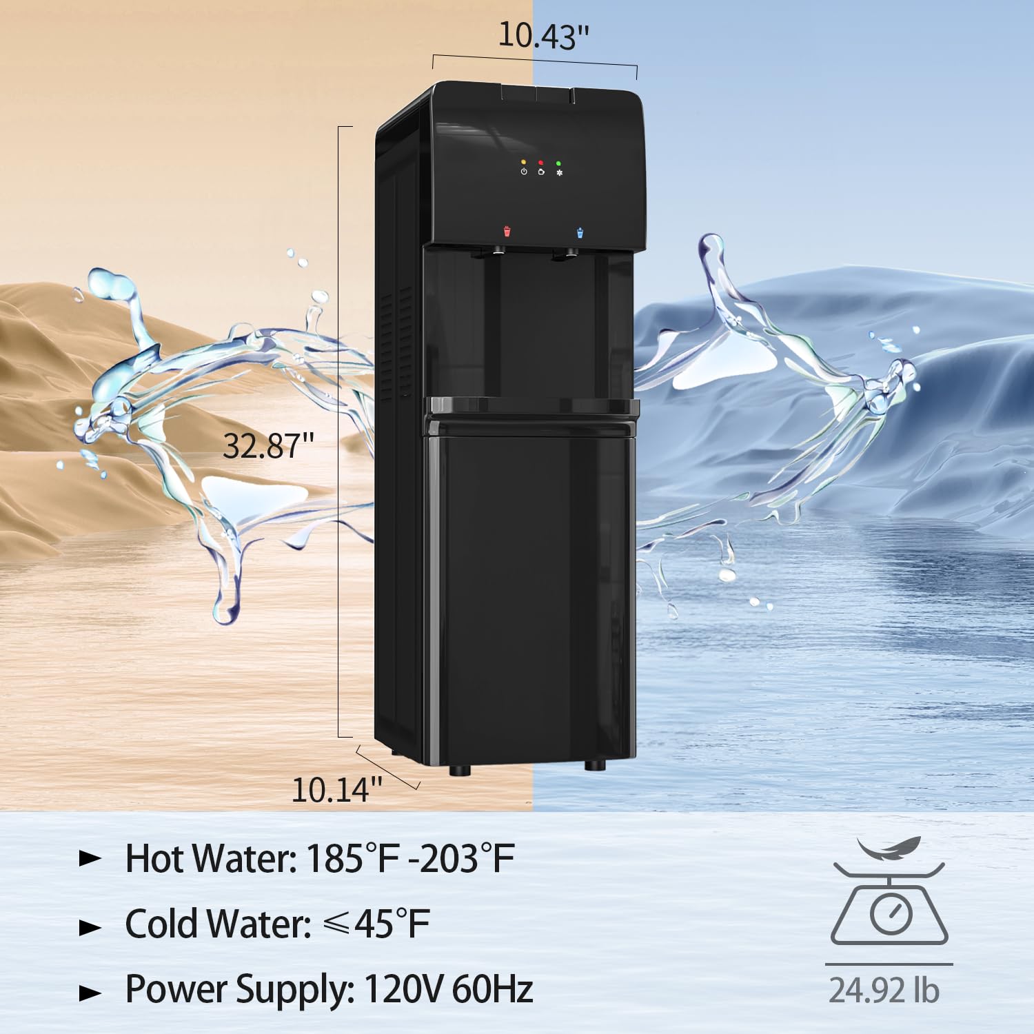 Top Loading Water Cooler Dispenser Hot Cold & Cool Water Dispenser for 3 or 5 Gallon Bottles, Child Safety Lock, Simple Quite Design, Ideal for Home, Office, Living Room